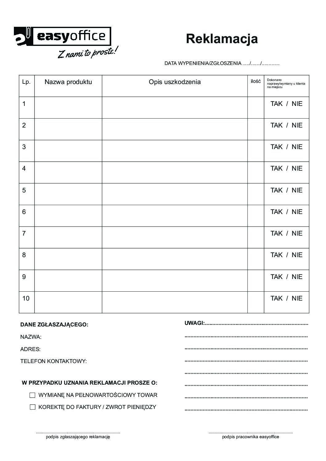 formularz reklamacja – Easy Office biuroserwis